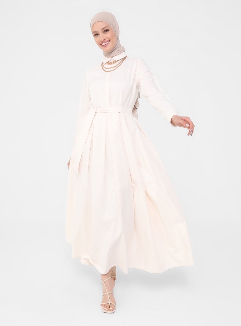 Refka Ay Çekirdeği Kuşak Detaylı Pileli Poplin Elbise | Devr-i Tesettür