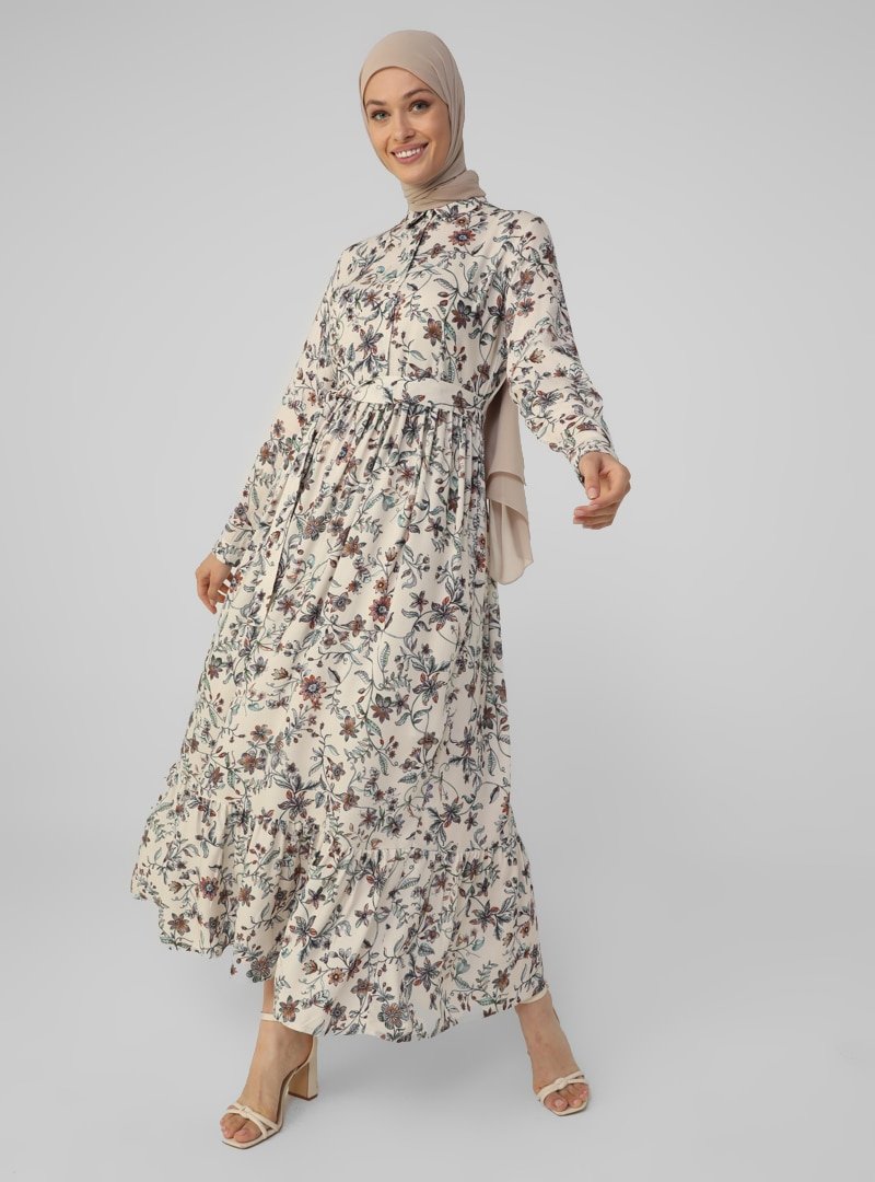 Refka Bej Doğal Kumaşlı Çiçekli Gömlek Elbise | Devr-i Tesettür