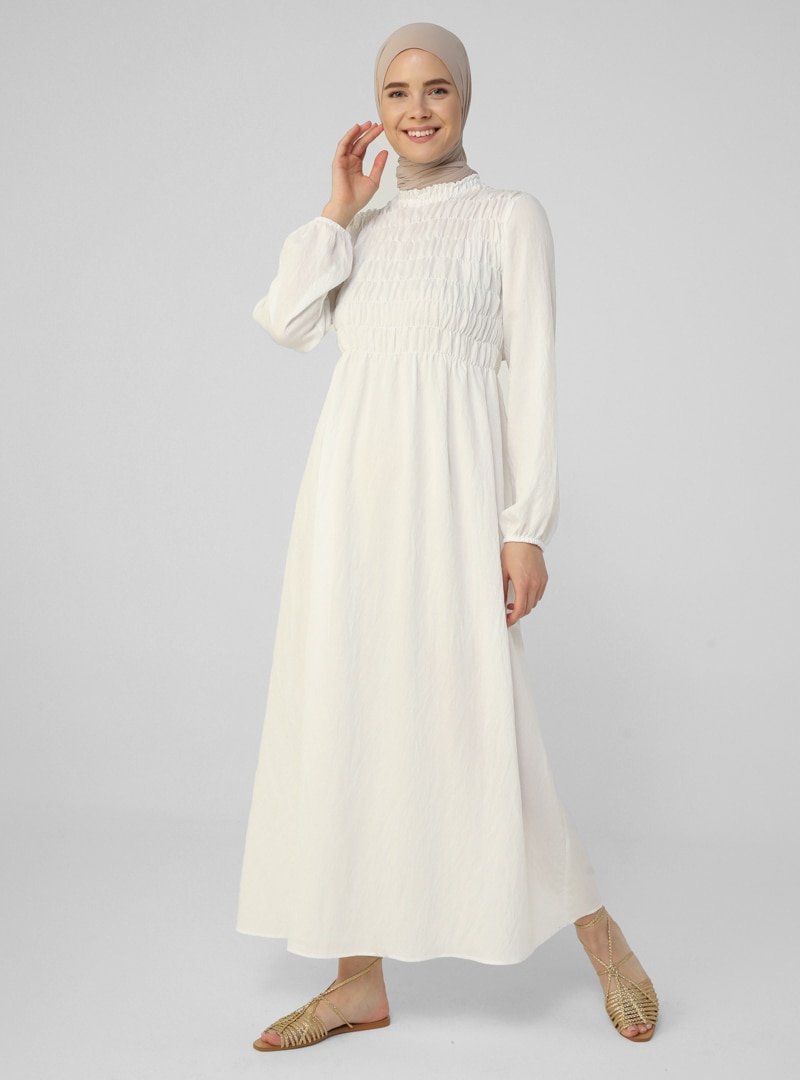 Refka Off White Gipe Detaylı Elbise | Devr-i Tesettür