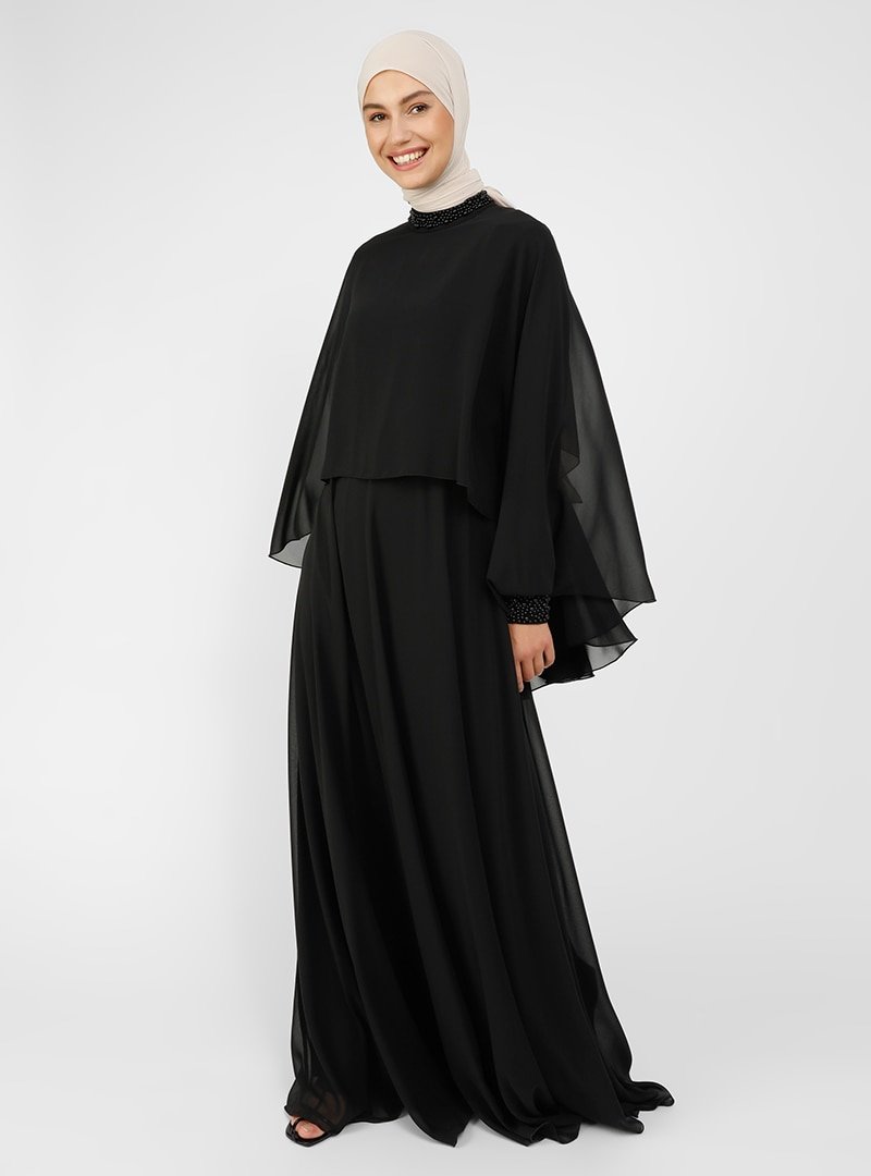 Refka Siyah Boncuk Detaylı Tül Abiye Elbise | Devr-i Tesettür